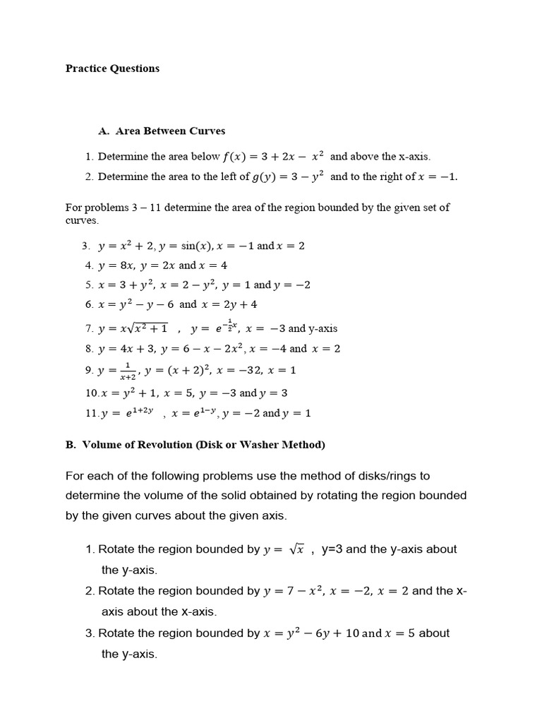 Practice Questions-Area Between Curves - Volume of Revolution-Version 2 ...