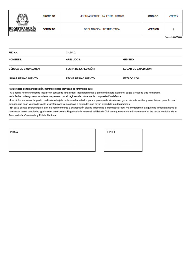 Nuevo Formato Declaracion Juramentada vtft03 | PDF