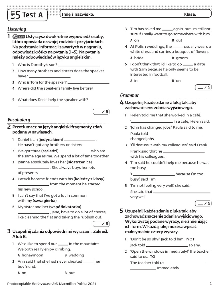 Brainy 8 Unit 5 Test A | PDF