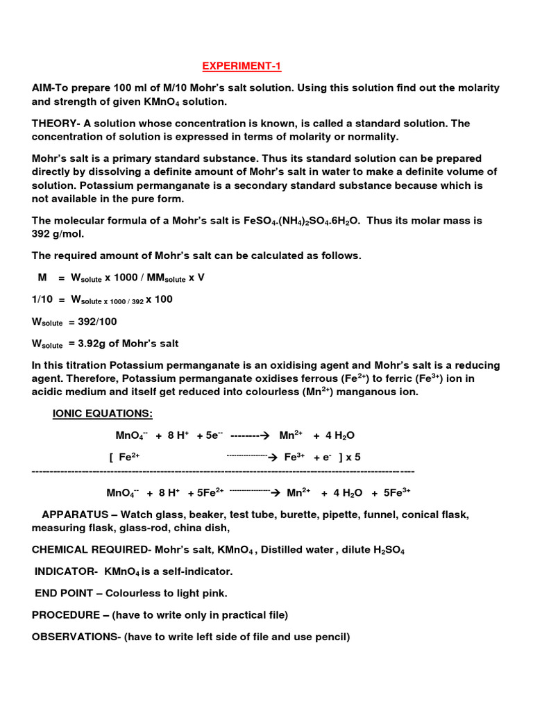 Redox Titration 5-Experiment For Chemistry Xii | PDF