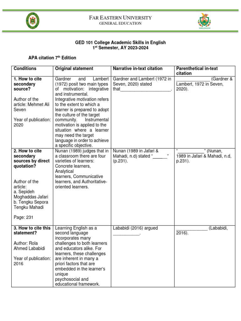 APA Activity With Answers | PDF | Learning | Apa Style