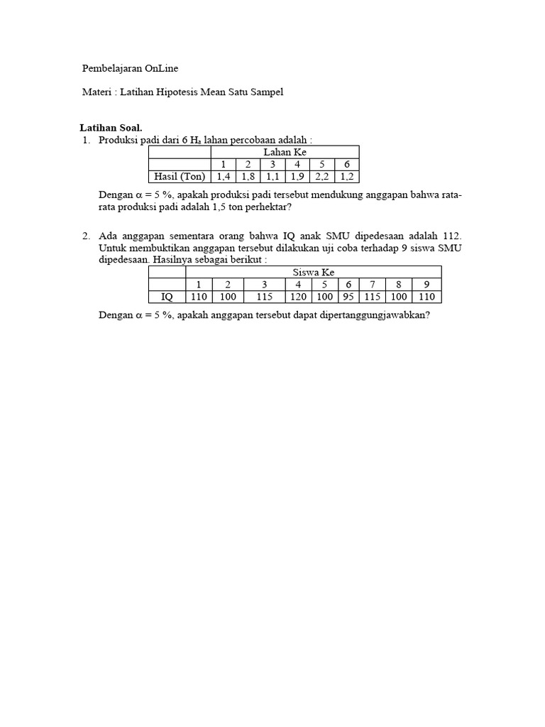 Latihan Hipotesis Mean Satu Sampel | PDF