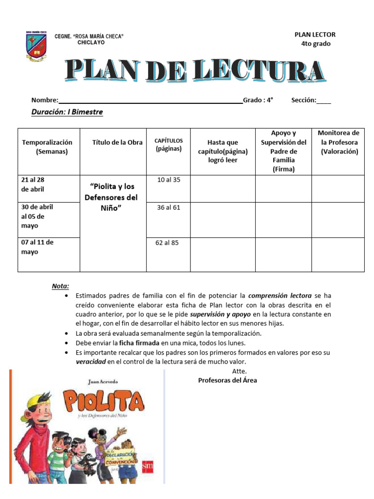 Plan Lector para 4to Grado | PDF