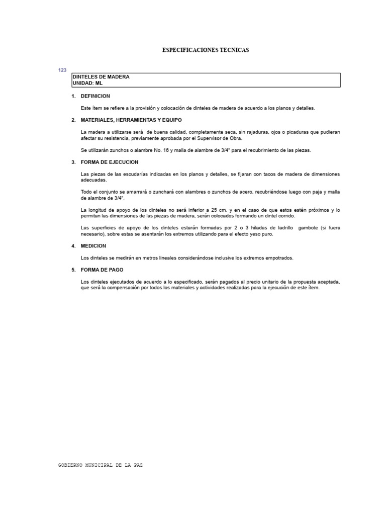 Dinteles de Madera Unidad: ML 1. Definicion: Especificaciones Tecnicas ...