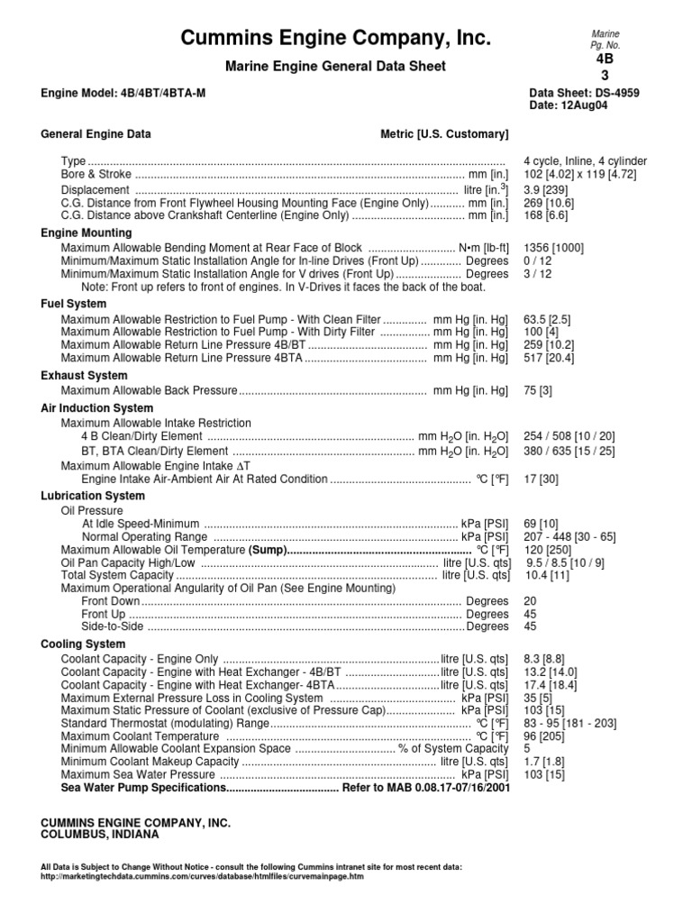 Cummins 4B Marine Engine Data Sheet | PDF | Engines | Internal ...