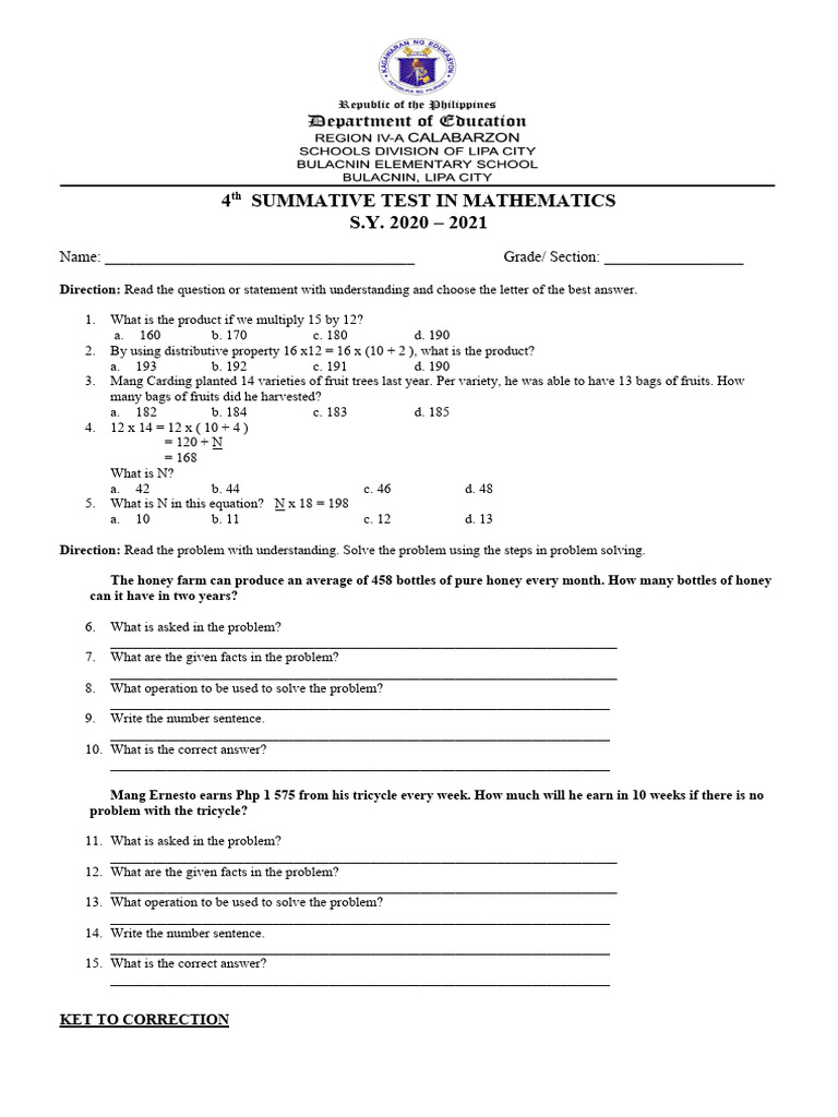 4th Summative Test in Mathematics | PDF