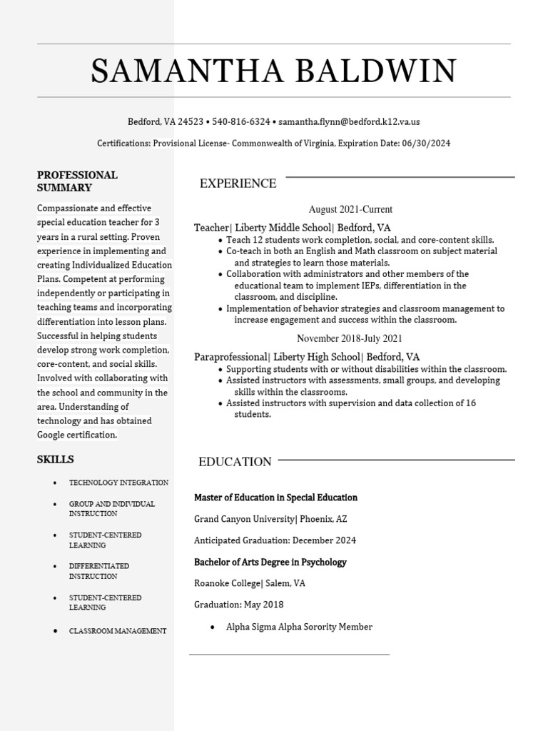 Samantha Baldwin Professional Resume | PDF