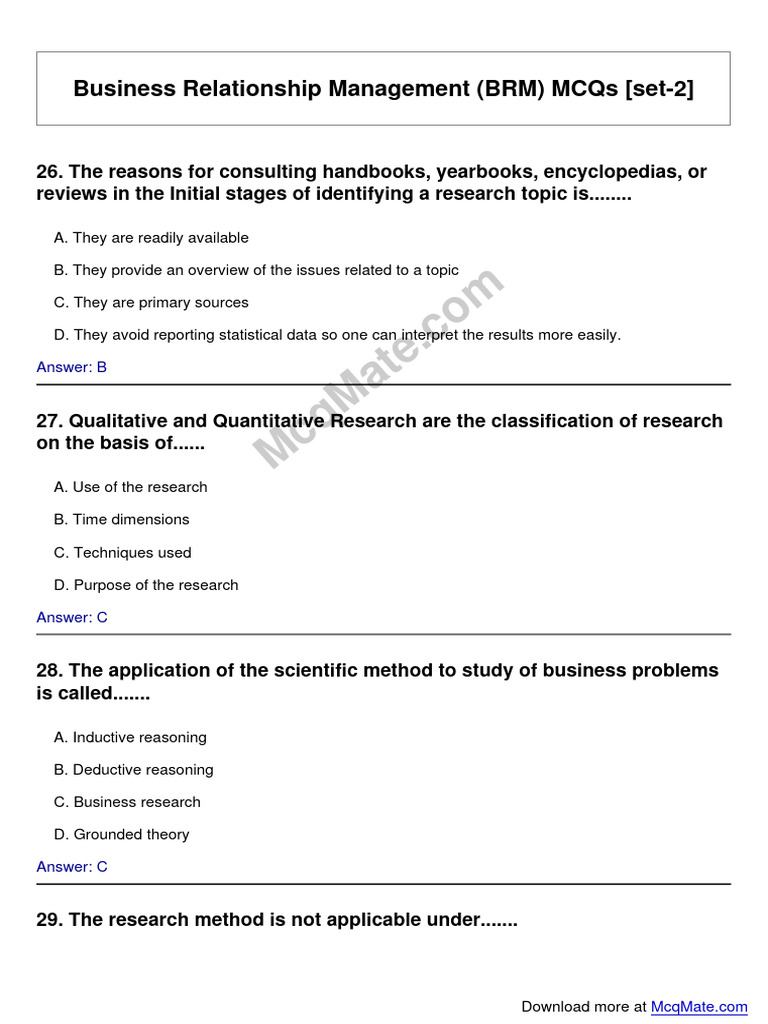 Business Relationship Management (BRM) Solved MCQs (Set-2) | PDF | Scientific Method | Methodology