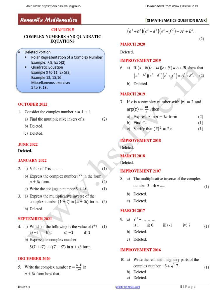 Hsslive-Xi-Maths-Qb-5. COMPLEX NUMBERS | PDF | Complex Number | Numbers