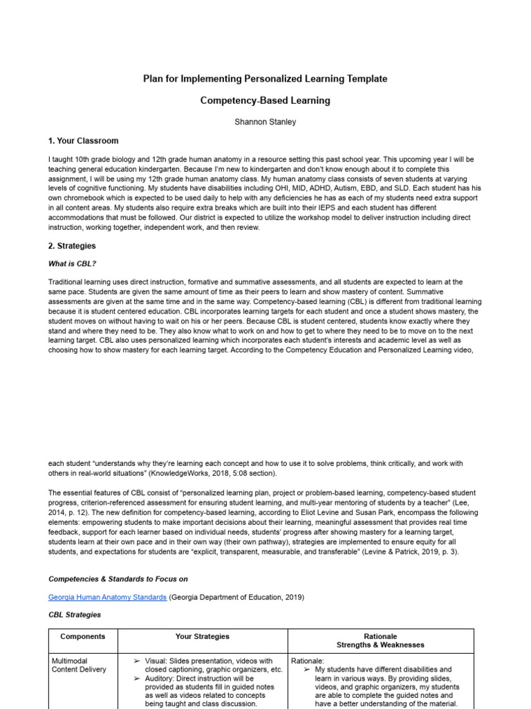 Plan For Implementing Personalized Learning Template Competency-Based Learning | PDF