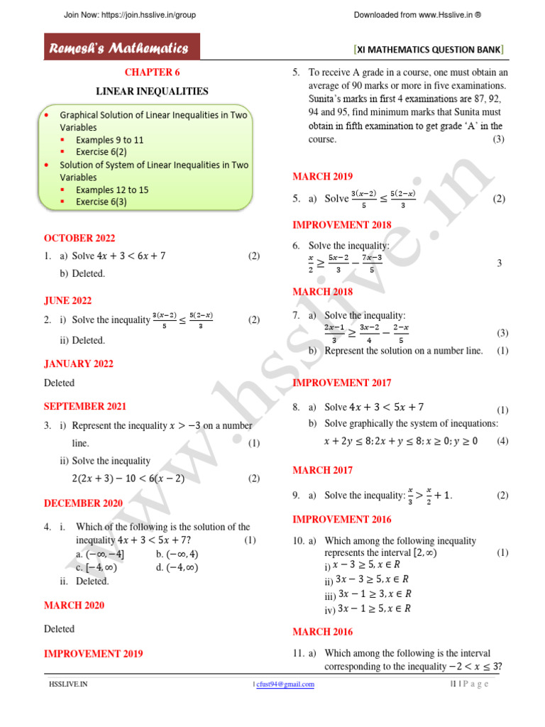 Hsslive-Xi-Maths-Qb-6. LINEAR INEQUALITIES | PDF | Teaching Methods & Materials