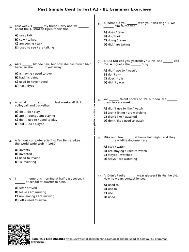 465 - Past Simple Used To Test A2 b1 Grammar Exercises | PDF