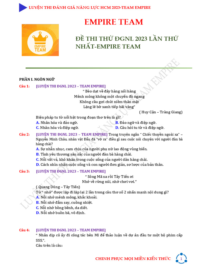 Tuyển Chọn 5 Đề Cực Chất Tặng 2k5 Chinh Phục 950+ Đgnl 2023 - Empire Team | PDF