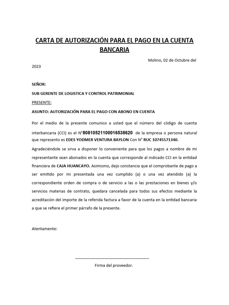 Carta de Autorización para El Pago en La Cuenta Bancaria | PDF Carta de Autorización para El Pago en La Cuenta Bancaria | PDF