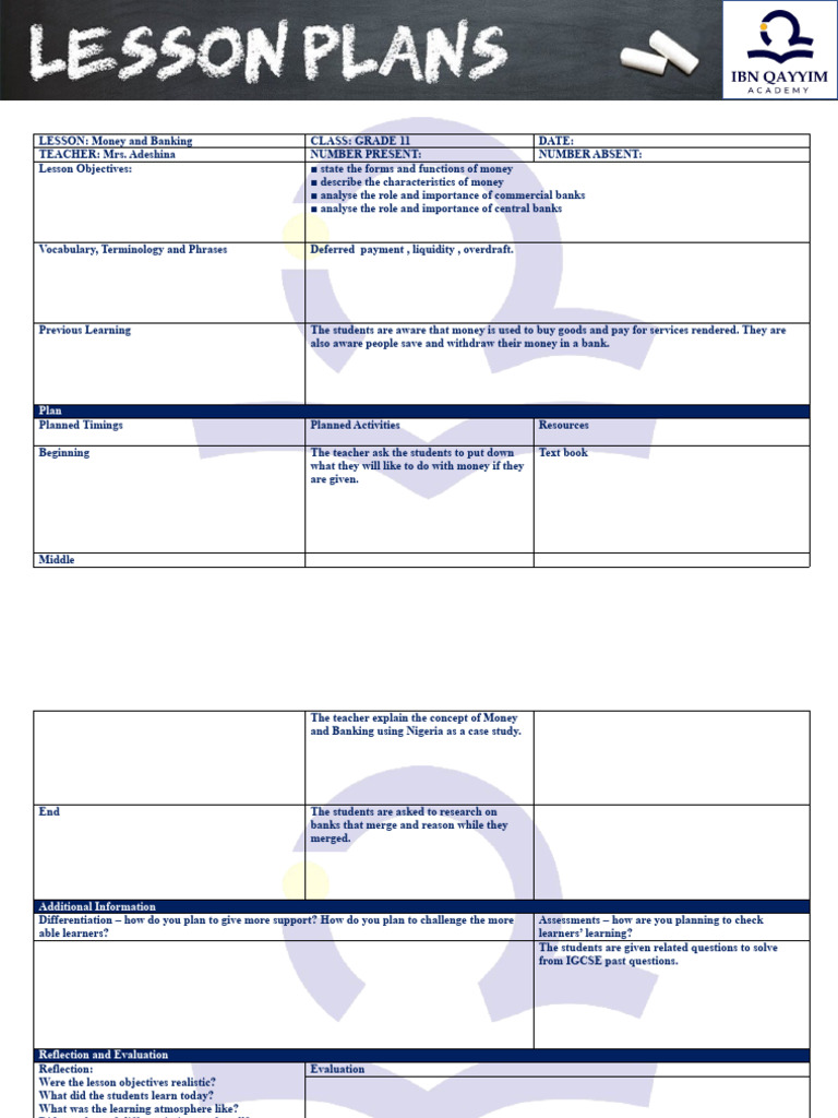 Grade 11 Money and Banking Lesson Plan | PDF