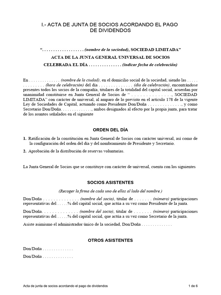Acta de Junta de Socios Acordando El Pago de Dividendos | PDF Acta de Junta de Socios Acordando El Pago de Dividendos | PDF