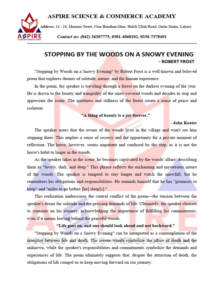 Unit 8 Stopping by The Woods On A Snowy Evening - Summary | PDF | Art ...