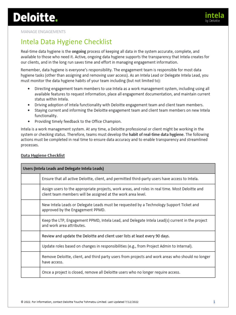 Intela Data Hygiene - Checklist - How To Guide - 4.0 | PDF | Real Time ...