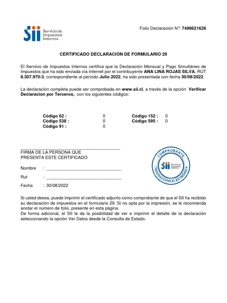 Certificado Declaración Formulario 29 SII | PDF