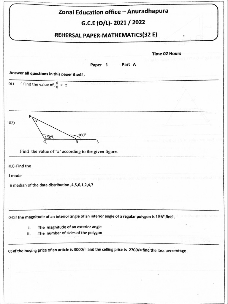 2021 Grade 11 Maths Second Term Paper English Medium Anuradhapura Zone ...