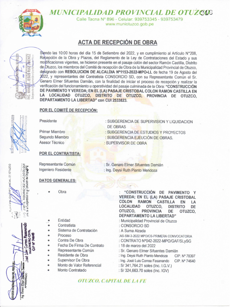 Acta de Recepcion de Obra | PDF