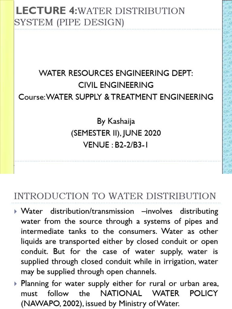 Lecture 4 Water Distribution System | PDF | Pump | Pipe (Fluid Conveyance)