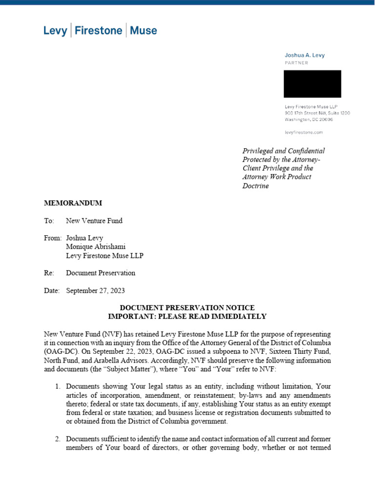 New Venture Fund Document Preservation Notice Redacted | PDF