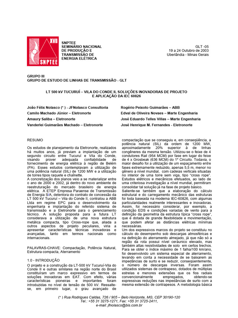Lt 500 Kv Tucuruí – Vila Do Conde II Soluções Inovadoras de Projeto e ...