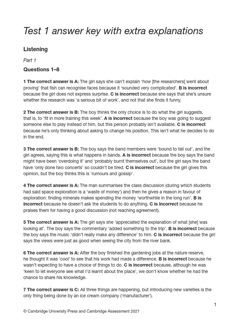 B2 First For Schools 4, Test 1 Answer Key, Listening | PDF