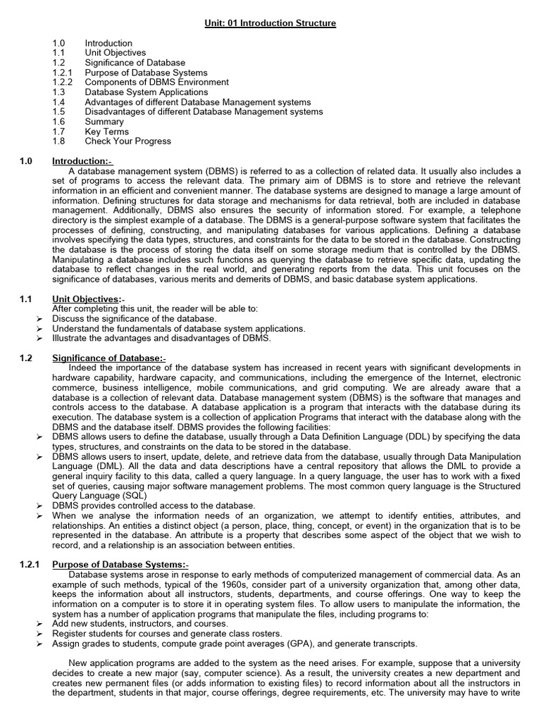 Unit-01 Introduction | PDF | Databases | Relational Database