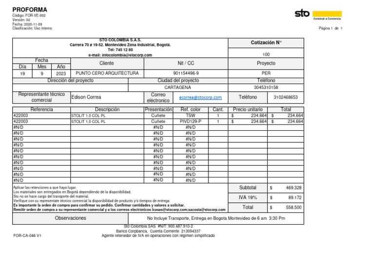 Proforma Sto 100 Lit 1.0 Punto Cero Arquitectura Cartagena | PDF