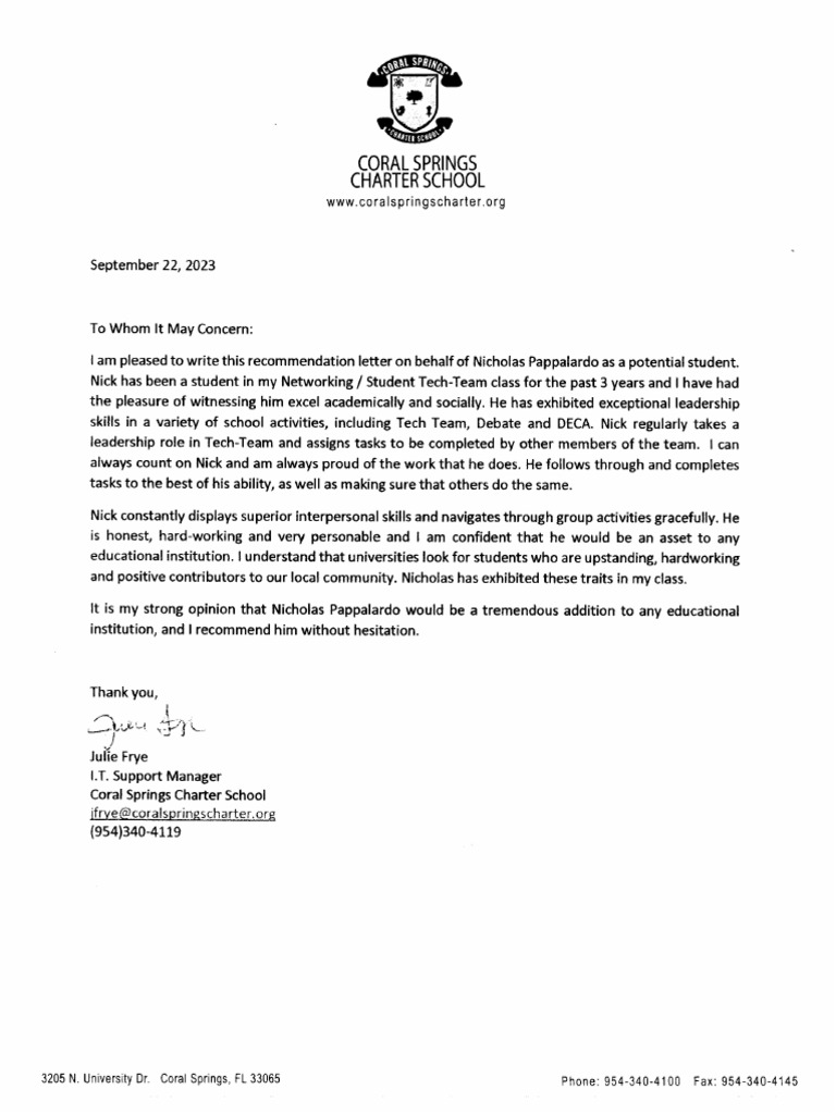 Letter of Recommendation (Julie Frye) | PDF