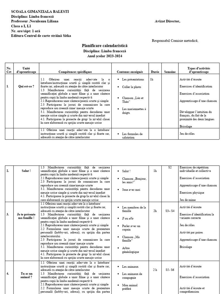 Planificare Cls I Ed Sitka | PDF