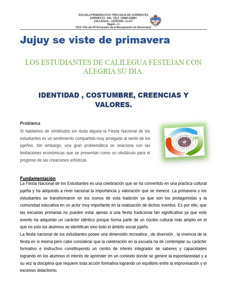 Proyecto Dia Del Estudiante-2023 | PDF | Aprendizaje | Educación primaria