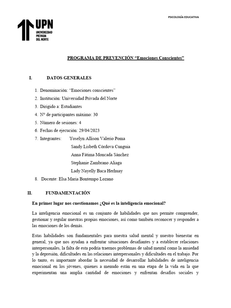 Esquema Programa Prevencion-Promocion | PDF | Las emociones | Autorregulación emocional