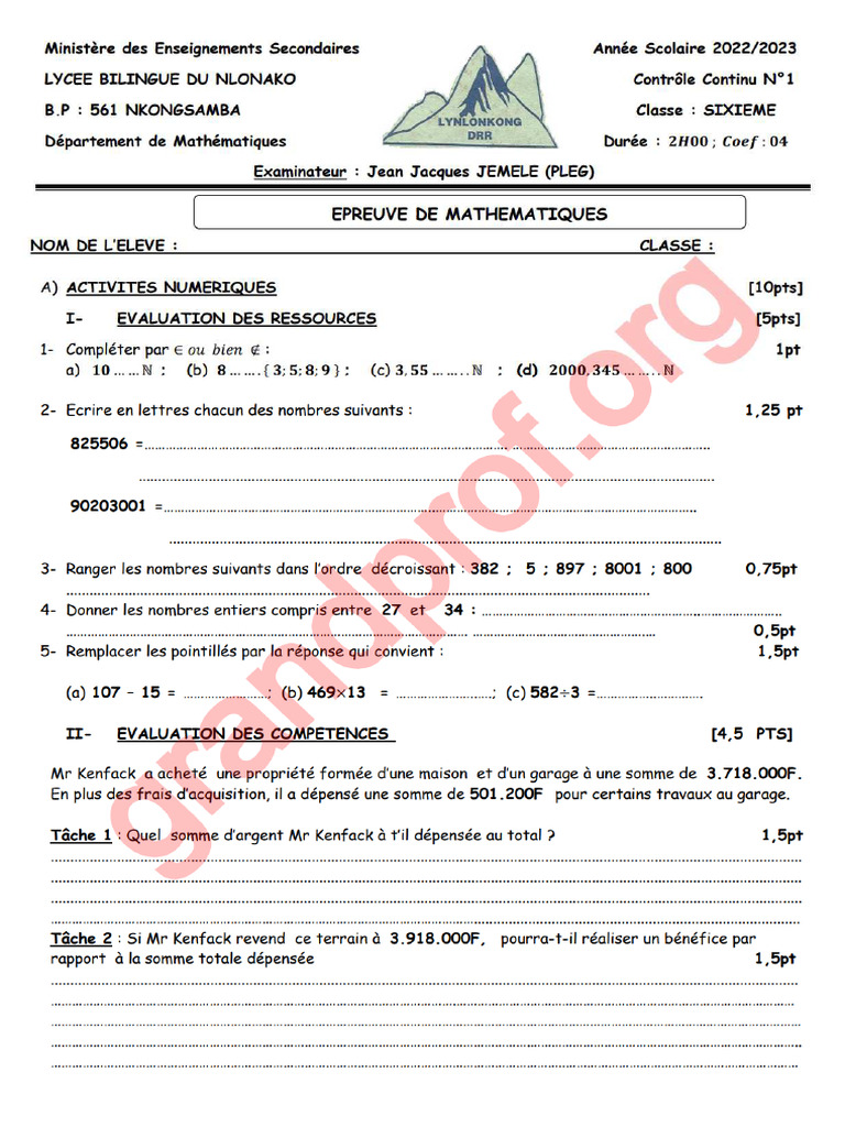 Maths 6eme Evaluation1 Lycee Bilingue Nlonako 2022 2023 | PDF