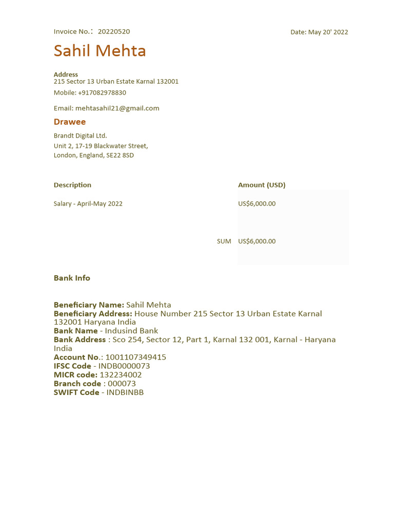 April-May 2022 Salary Invoice | PDF | Finance & Money Management