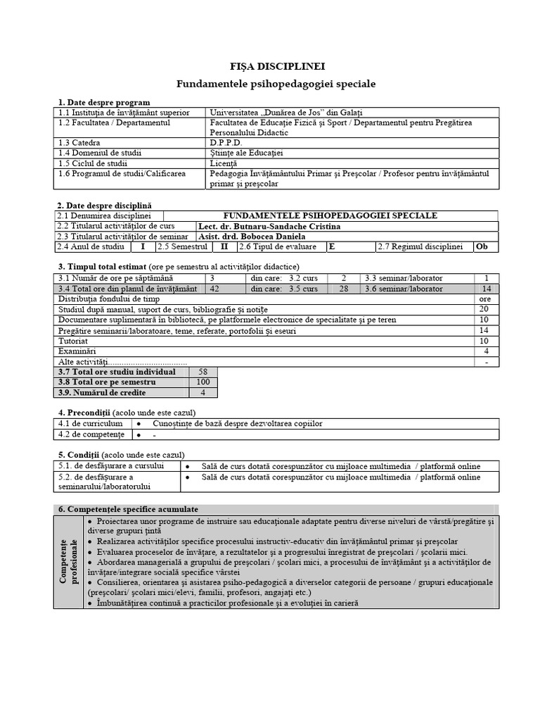 Fisa Disciplinei - Fundamentele Psihopedagogiei Speciale | PDF