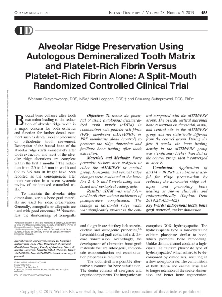 Alveolar Ridge Preservation Using Autologous.7 | PDF