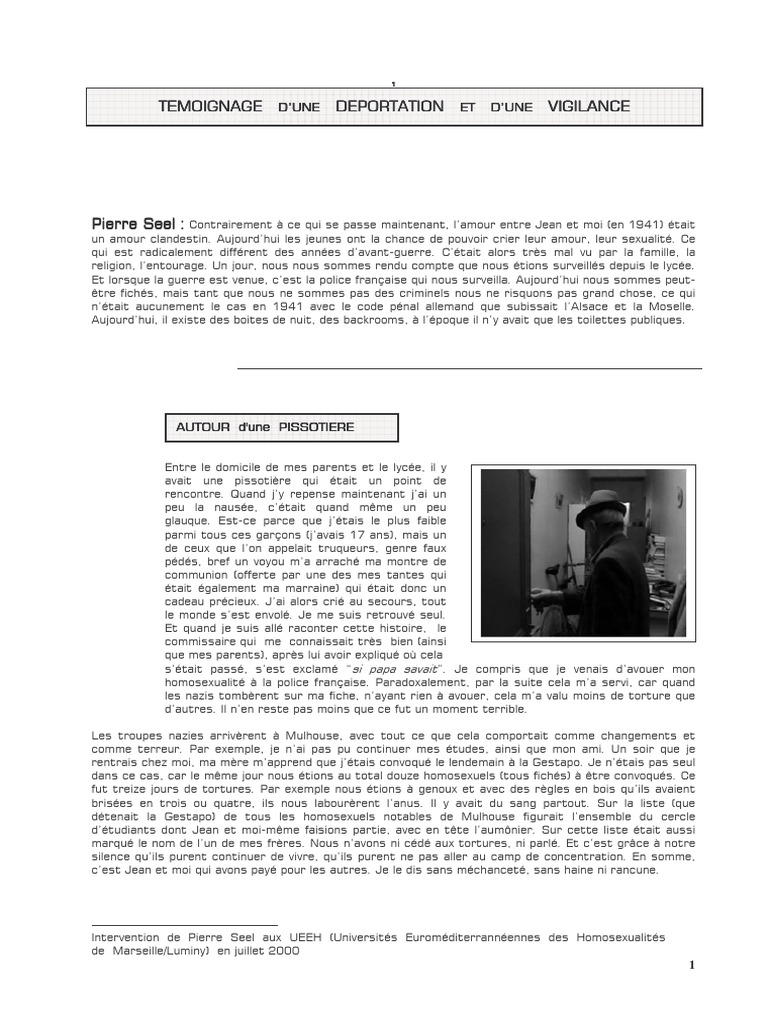 Discours de Pierre Seel, 2000,: Témoignage D'une Déportation Et D'une ...
