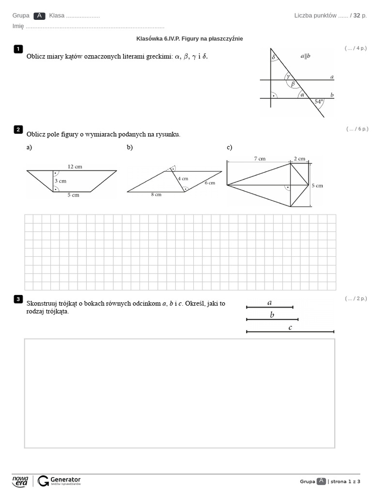 Klasówka 6.IV.P. Figury Na Płaszczyźnie Test (Z Widoczną Punktacją) | PDF