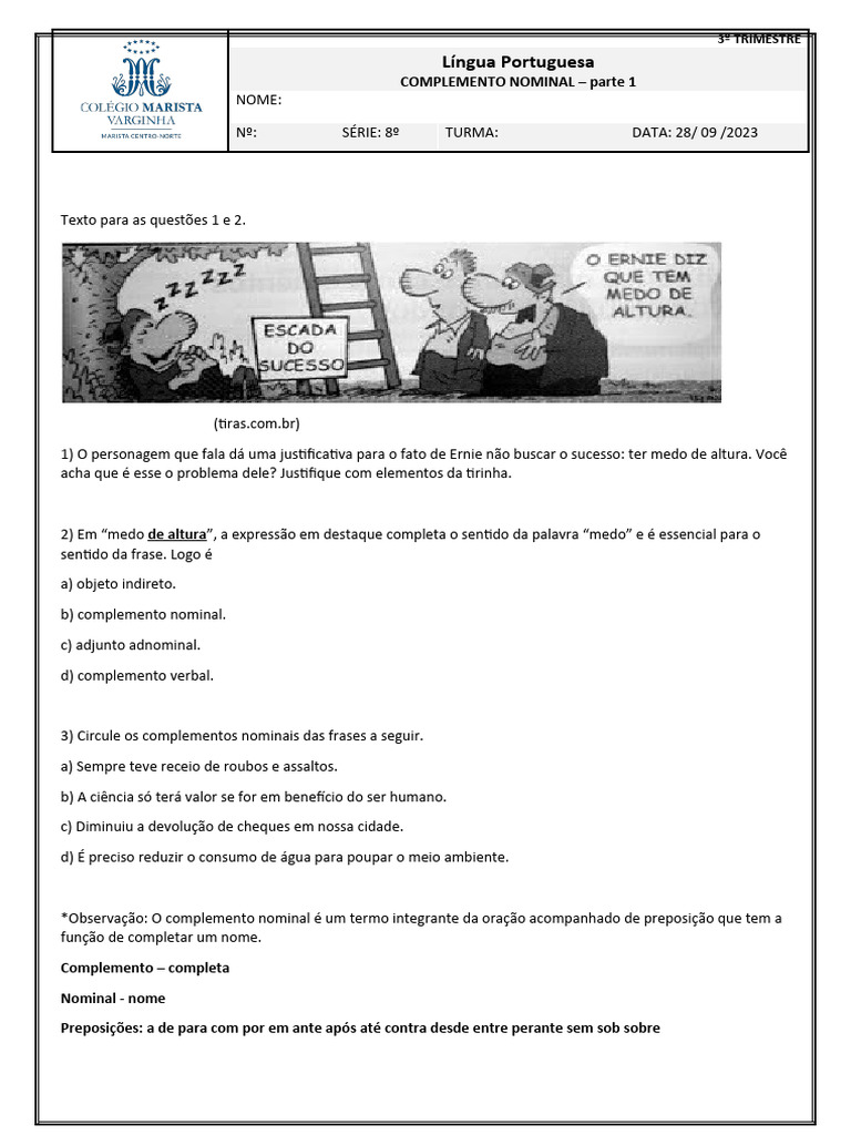 2023 - Complemento Nominal - Parte 1 - 8º Ano | PDF