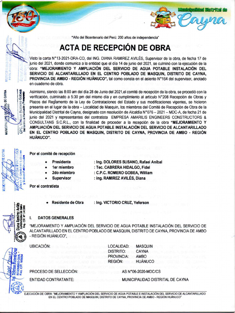 Acta de Recepción Agua Masquin-Cayna Ok | PDF