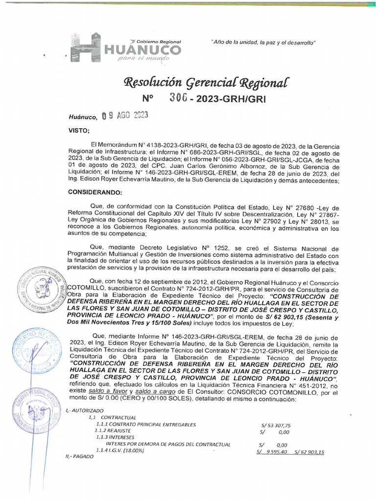 Resolucion Gerencial Regional N-00306-2023-GRH - GRI Cotomonillo | PDF