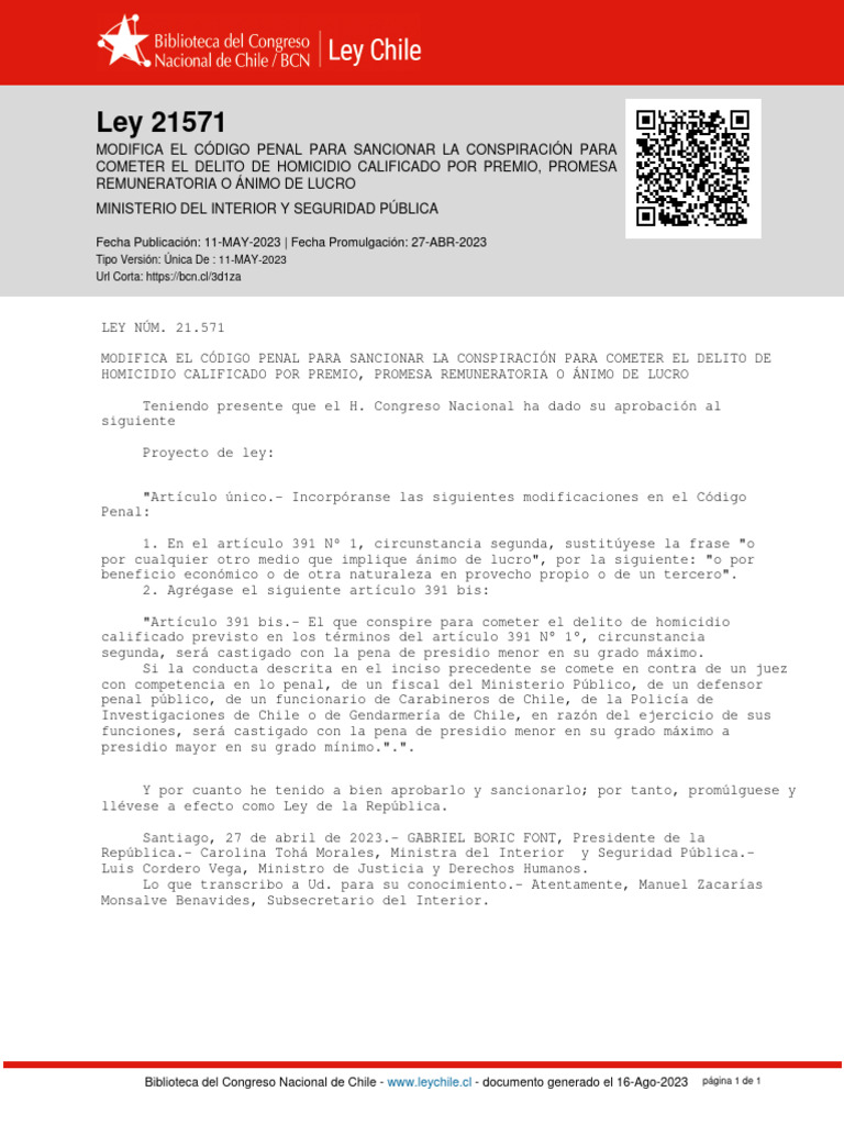 Ley-21571 - 11-MAY-2023 Conspiracion Homicio Calificado | PDF