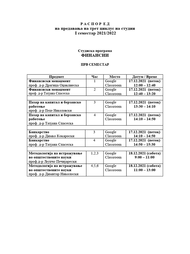 Raspored Za Nastava Tret Ciklus I Semestar 2021 - 2022 | PDF