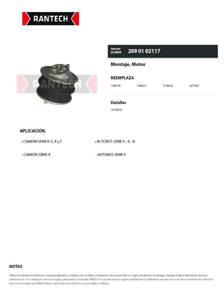Ficha de Datos técnicos Soporte Scania Rantech 2090102117 | PDF