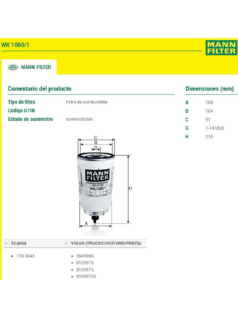 Ficha de Datos Técnicos Filtro WK 1060 - 1 Mann Filter | PDF
