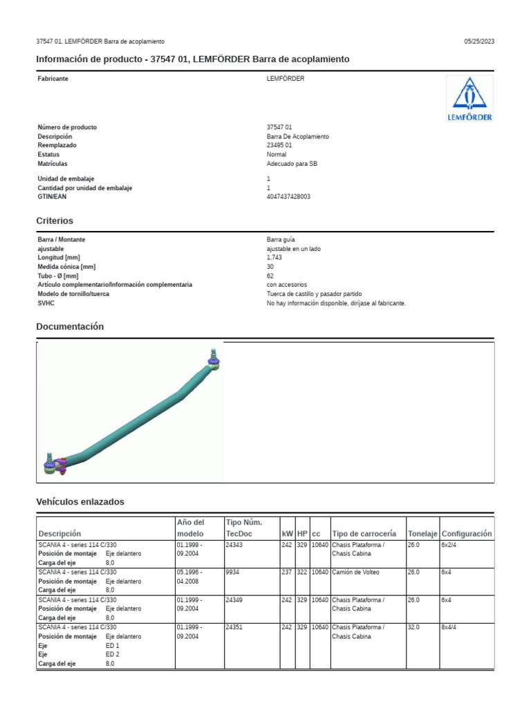 Ficha de Datos Técnicos Barra Scania Lemforder 37547 01 | PDF