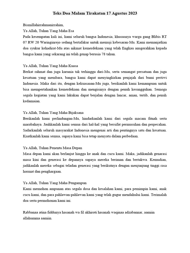 Teks Doa Malam Tirakatan 17 Agustus 2023 | PDF Teks Doa Malam Tirakatan 17 Agustus 2023 | PDF
